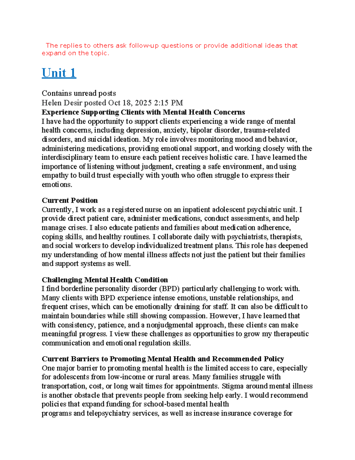 NU673 Unit 1 Discussion: Supporting Clients with Mental Health Concerns ...
