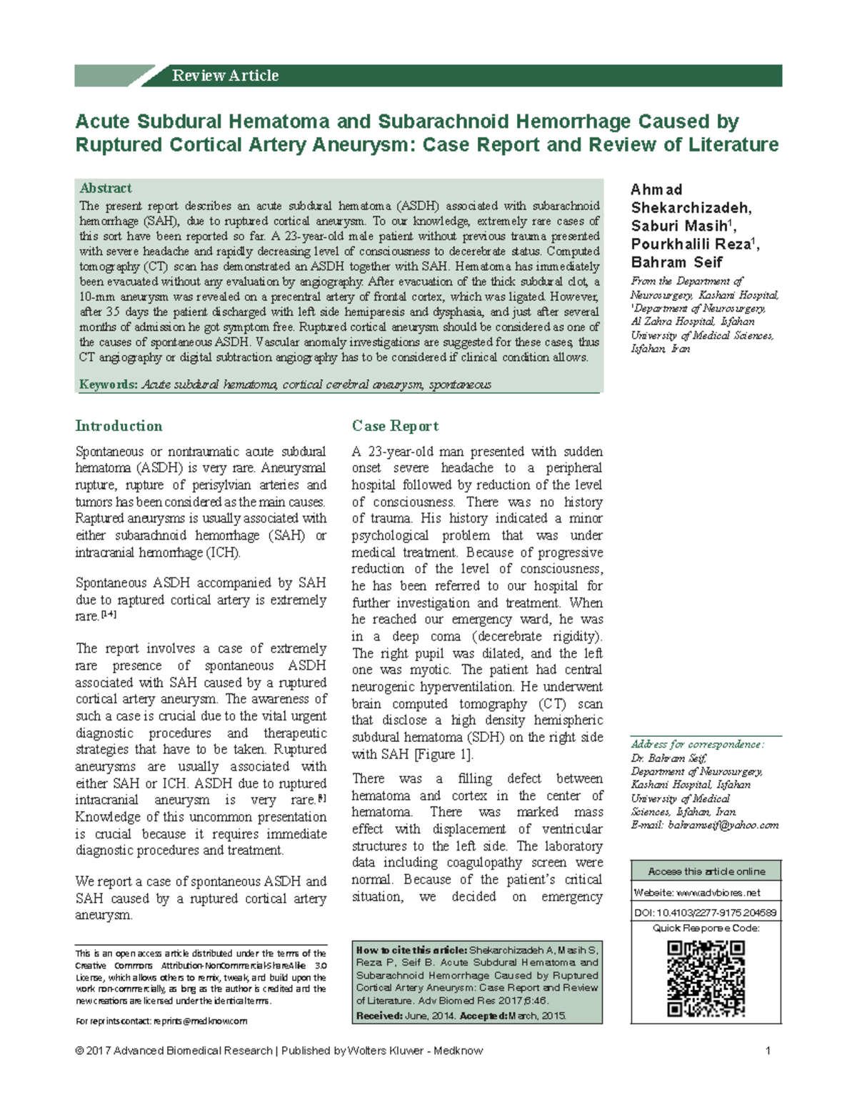 ABR-6-46: Case Report on Acute Subdural Hematoma from Ruptured Cortical ...