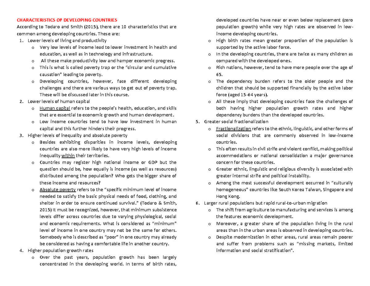 Economic Development - Module 2: Characteristics of Developing ...