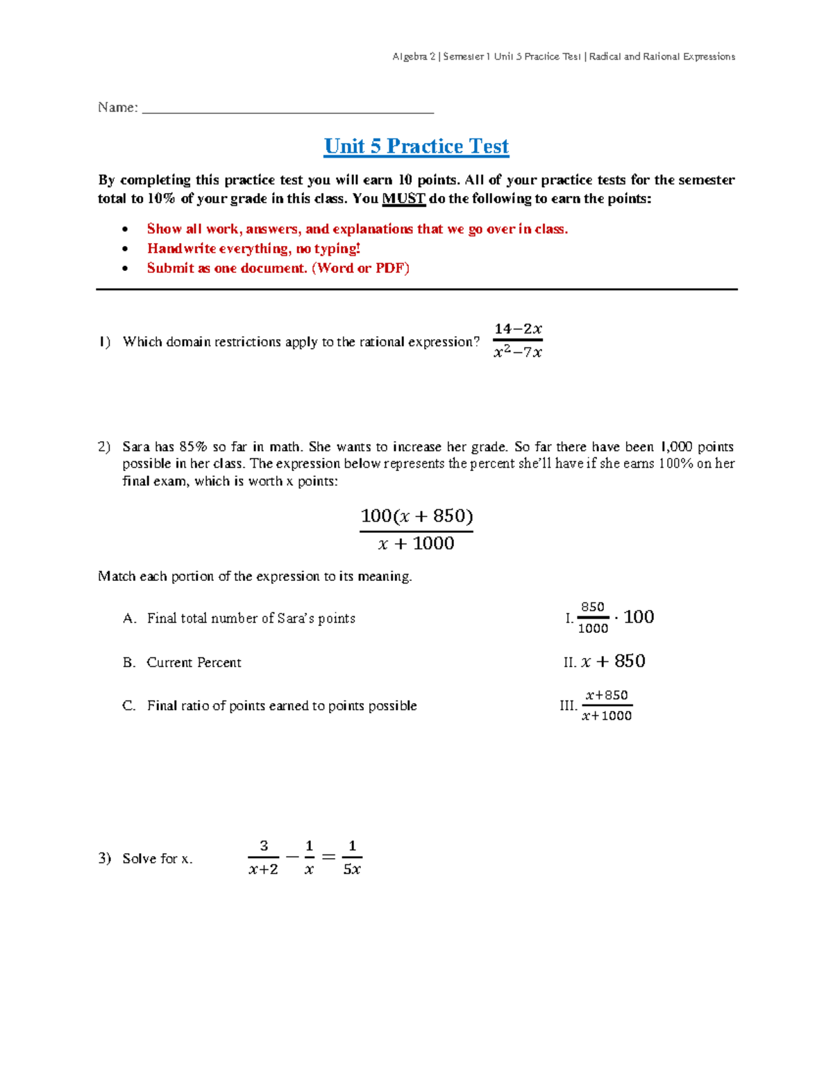 Algebra 2 Sem 1 Unit 5 Practice Test: Radical & Rational Expressions ...
