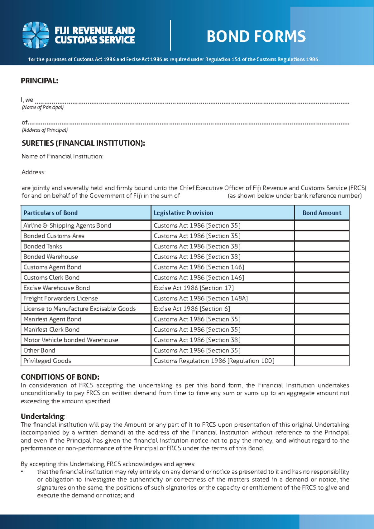 Bond Security Forms for Customs & Excise Act 1986 Compliance - Studocu