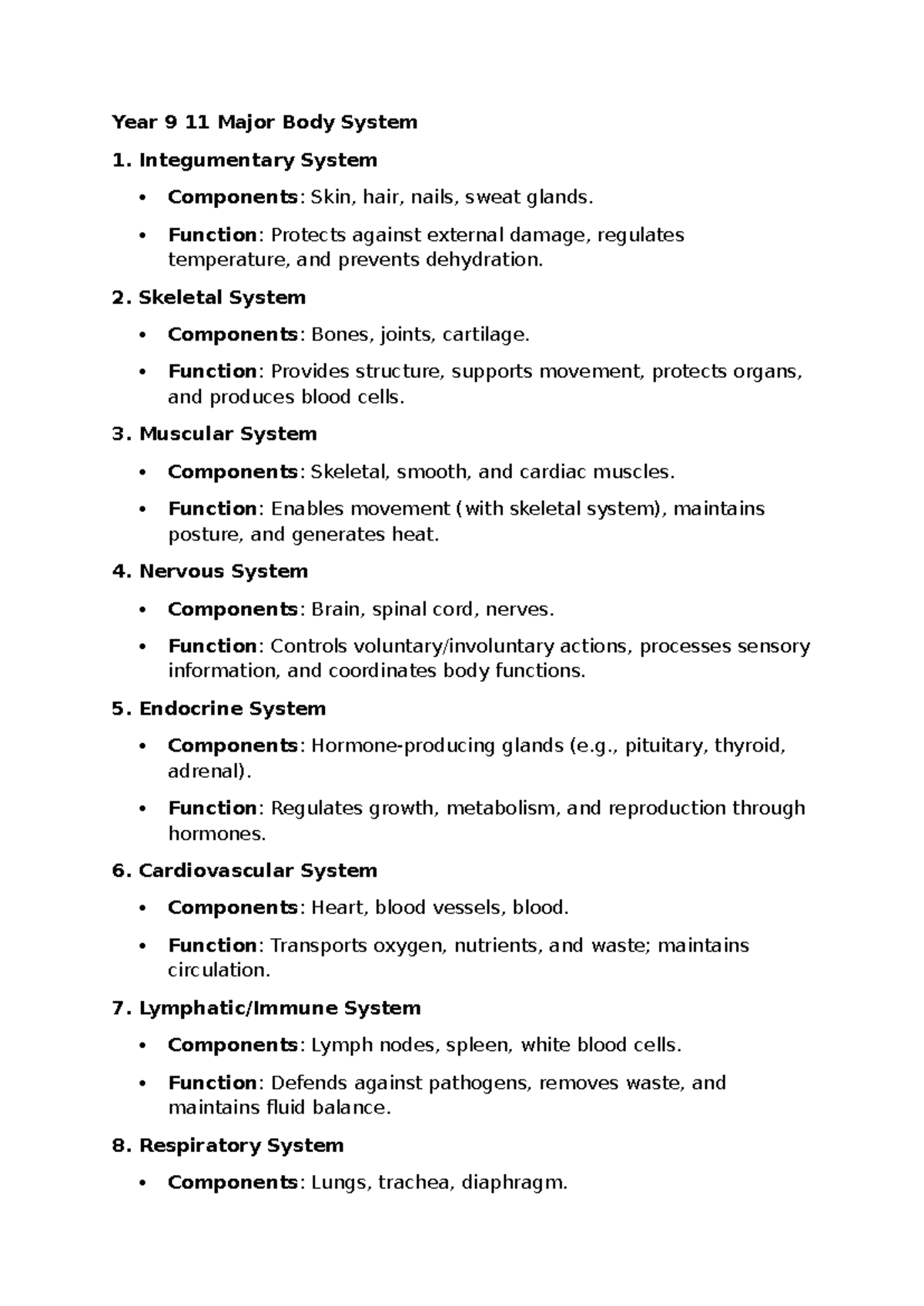 Year 9 11 Major Body Systems Overview and Functions - Studocu