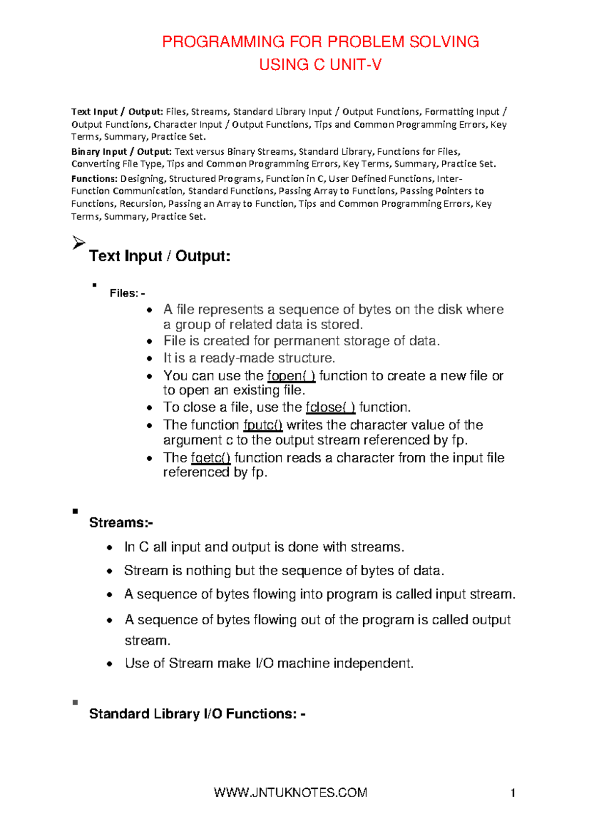 C Programming for Problem Solving: Input/Output & Functions (UNIT-5CP ...