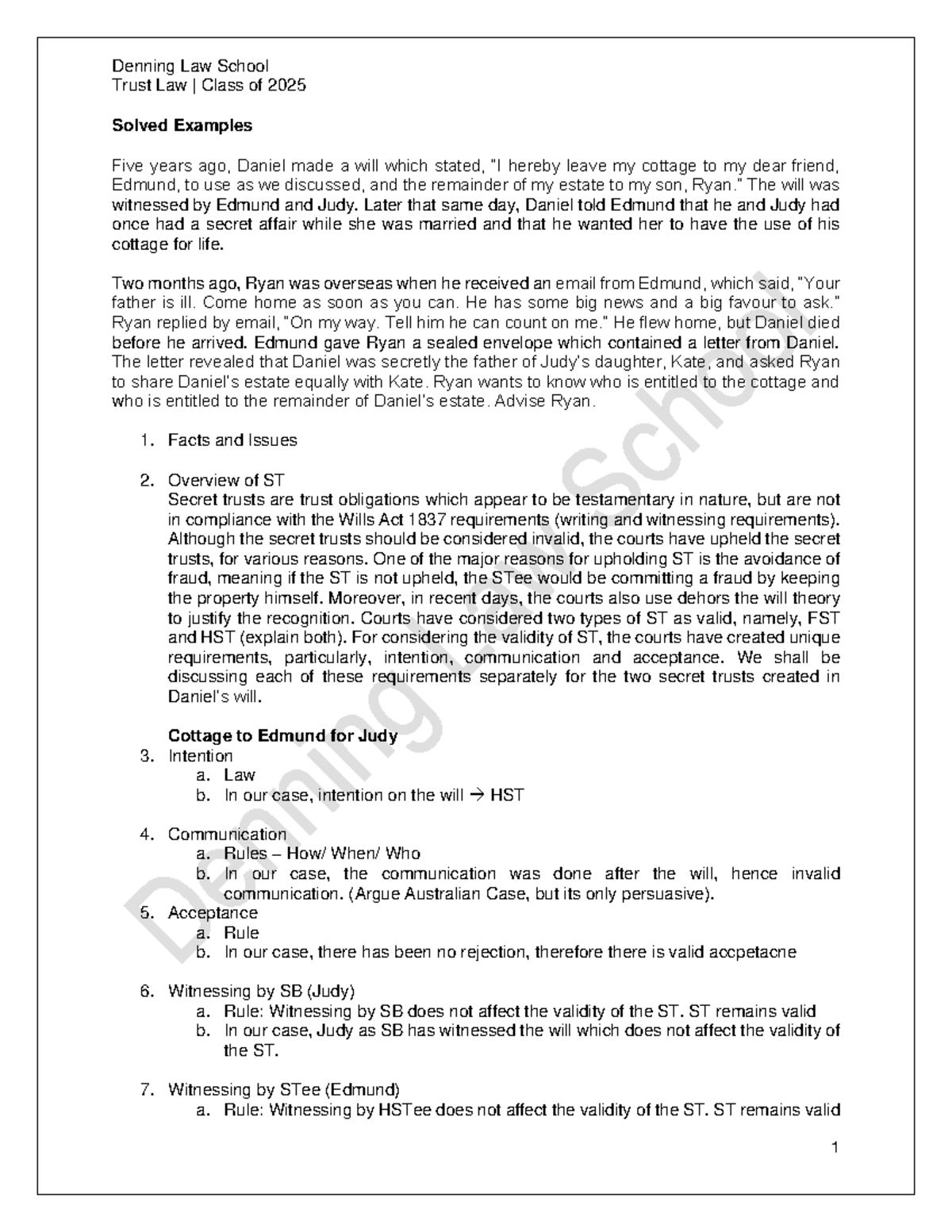 Denning Law School Trust Law Class of 2025: Solved Examples on Secret ...