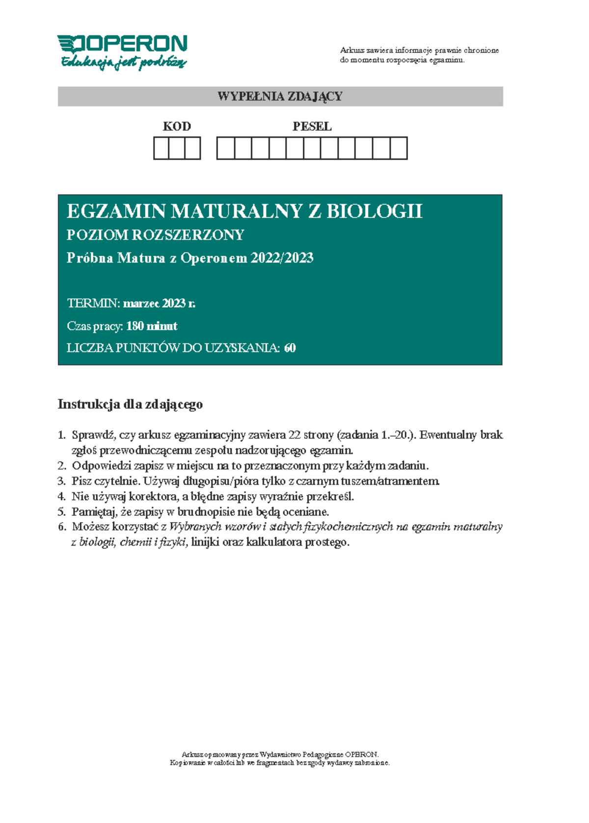 Próbna Matura z Biologii Poziom Rozszerzony - Operon Marzec 2023 - Studocu