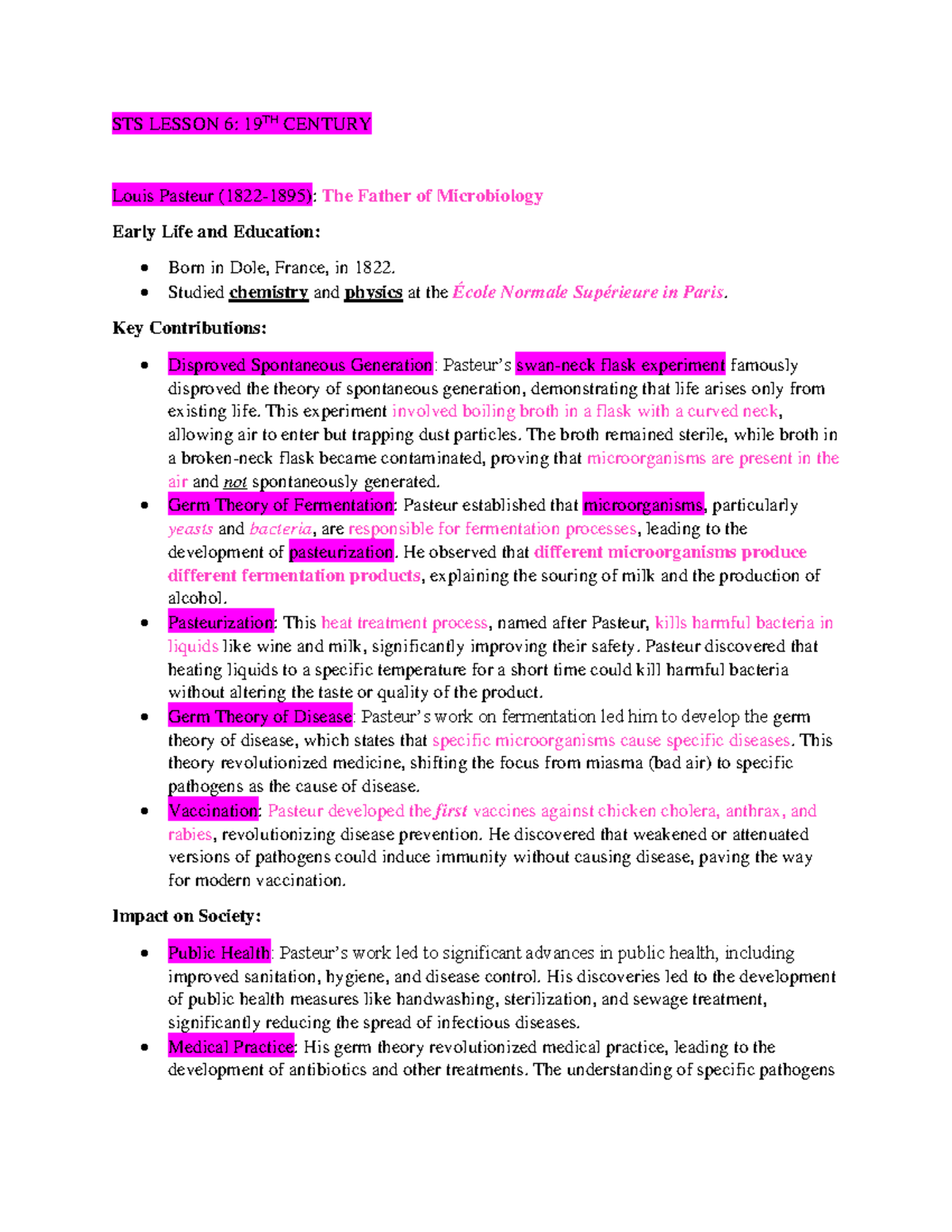 Lesson 6 Reviewer - Notes - STS LESSON 6: 19 TH CENTURY Louis Pasteur ...