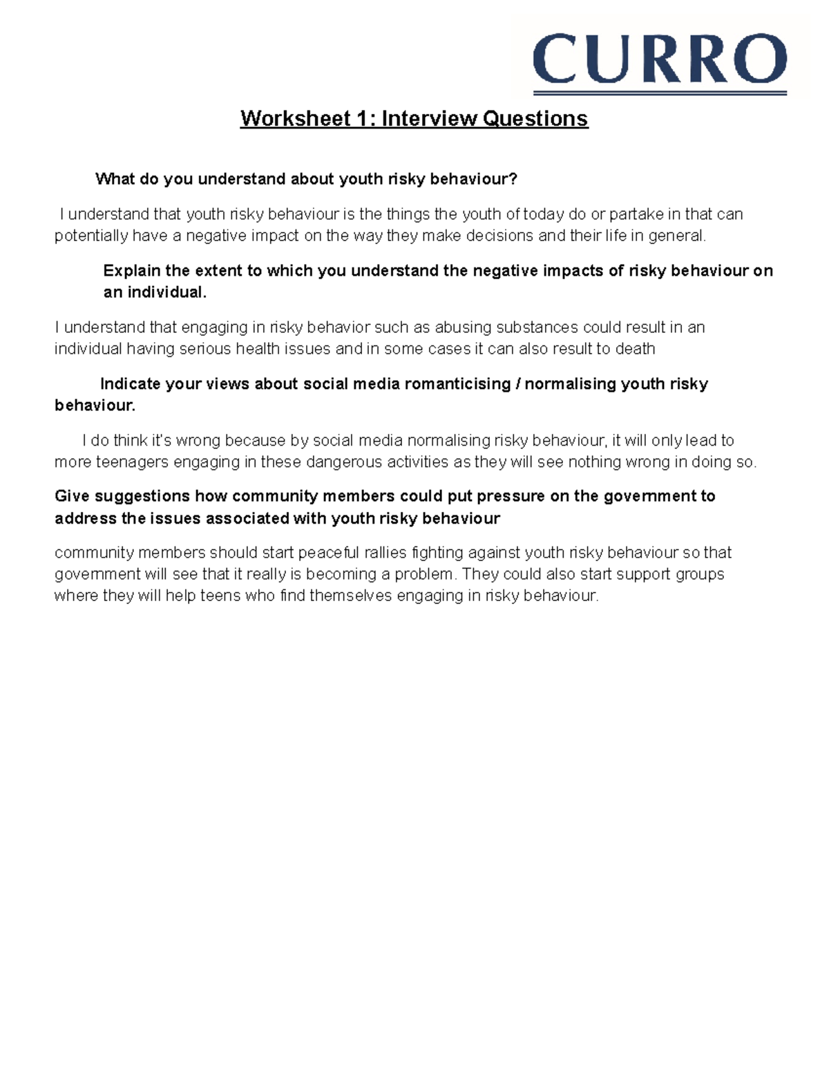 Grade 11 LIFE Orientation - TERM 3 Project ( Practical Interview Component) wam bartman ...