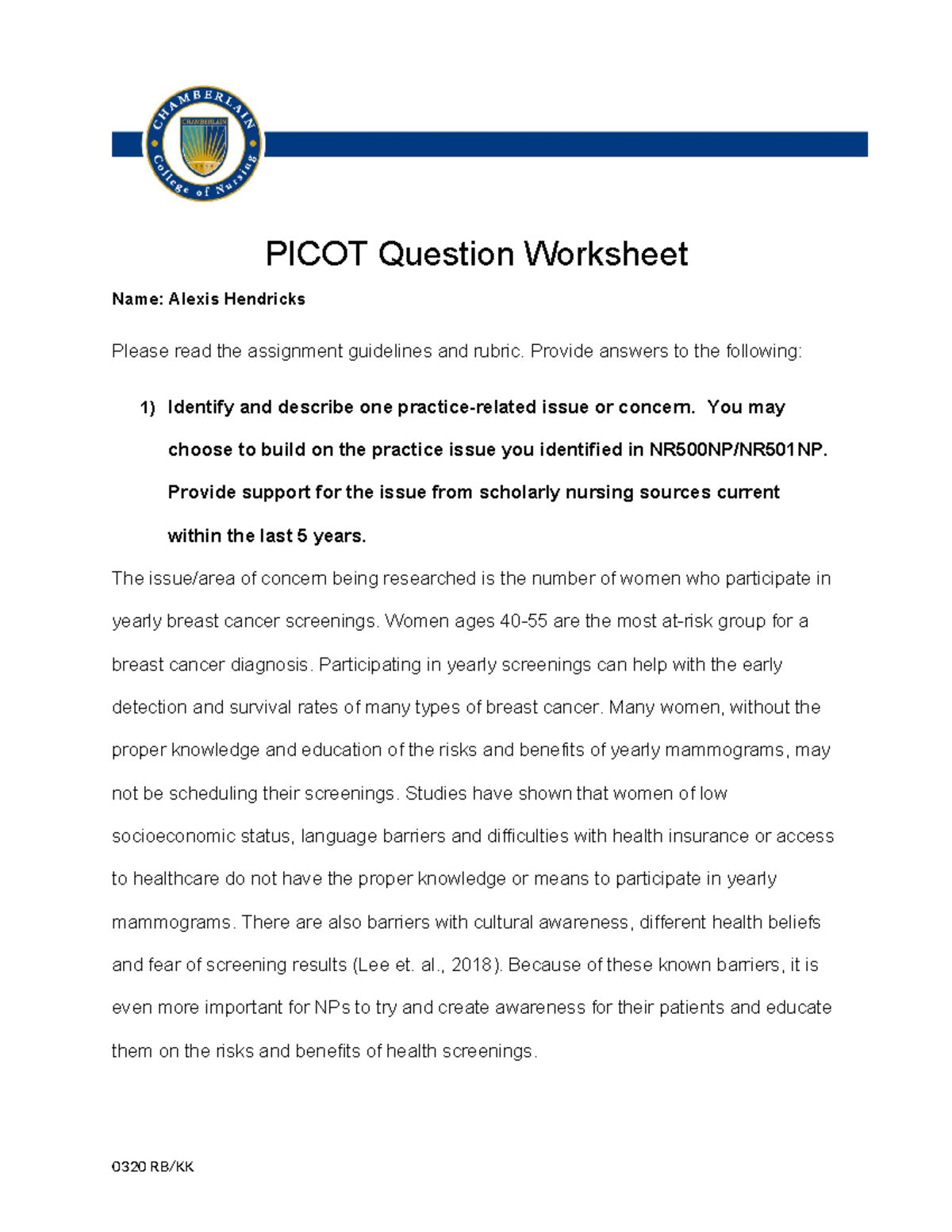 PICOT Question Worksheet: Enhancing Mammogram Compliance in Women (0320 ...