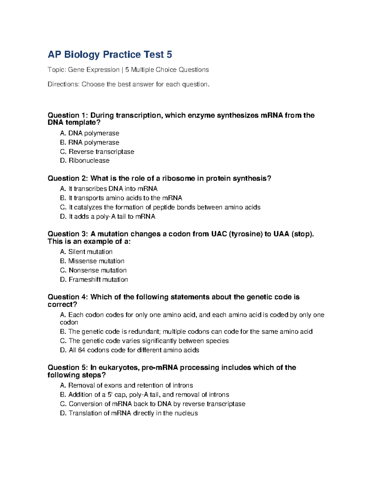 AP Biology MCQ Test 05: Gene Expression Practice Questions - Studocu