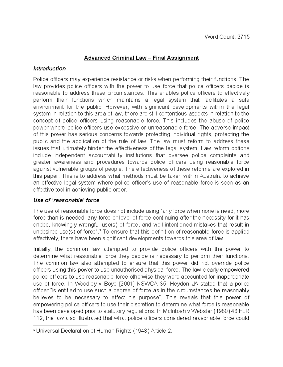Advanced Criminal Law - Final Assessment on Reasonable Force Usage ...