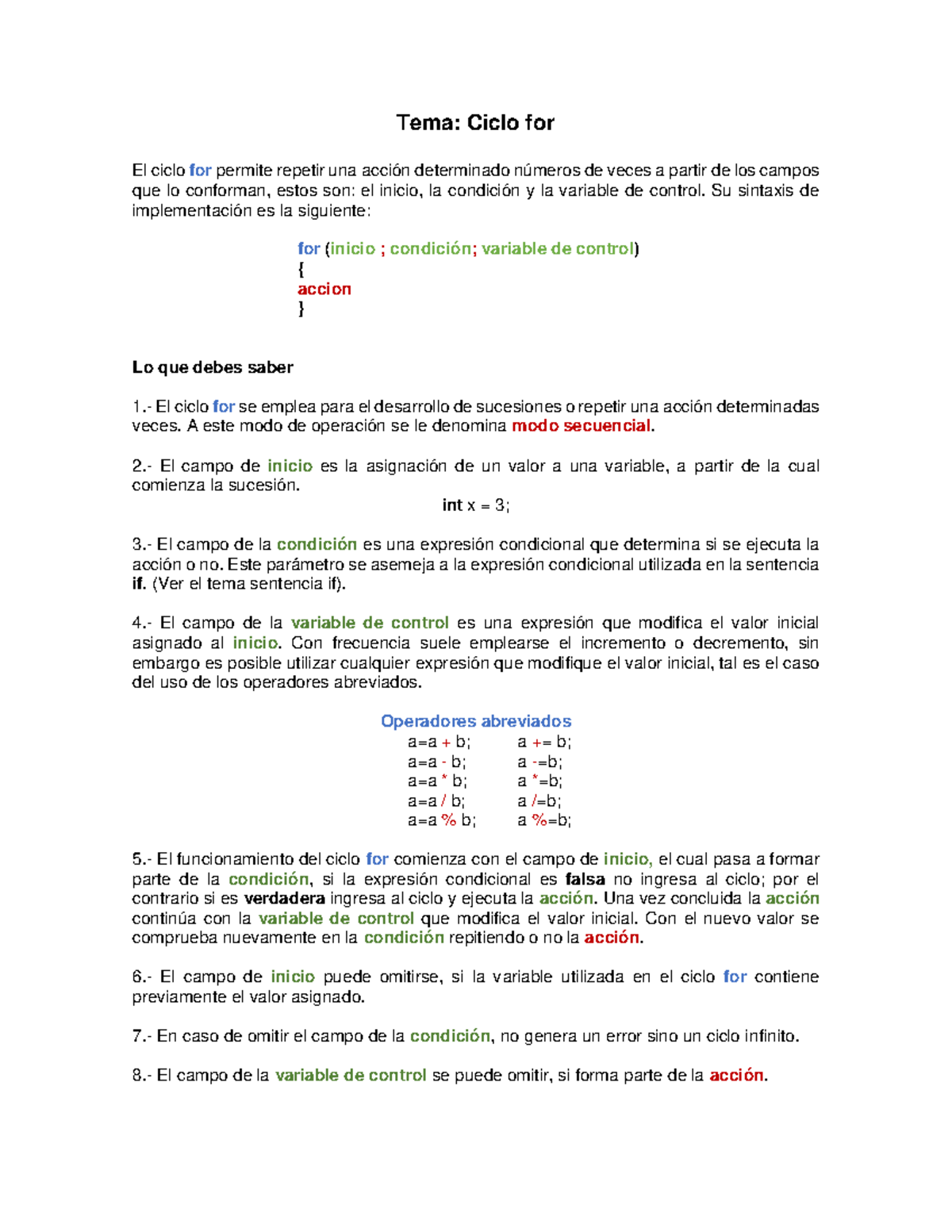 Tema: Ciclo For - Parte 1: Fundamentos y Sintaxis - Studocu