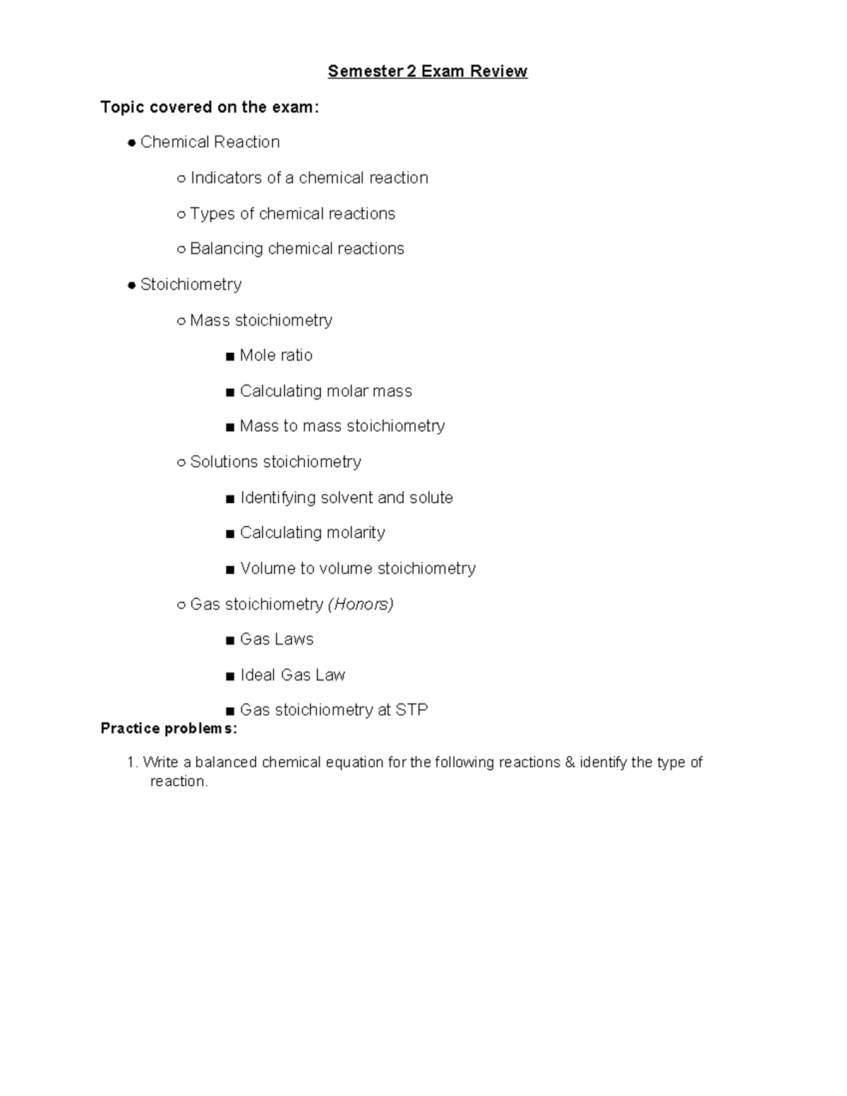 Chemistry 2nd semester exam review: chemical reactions and ...