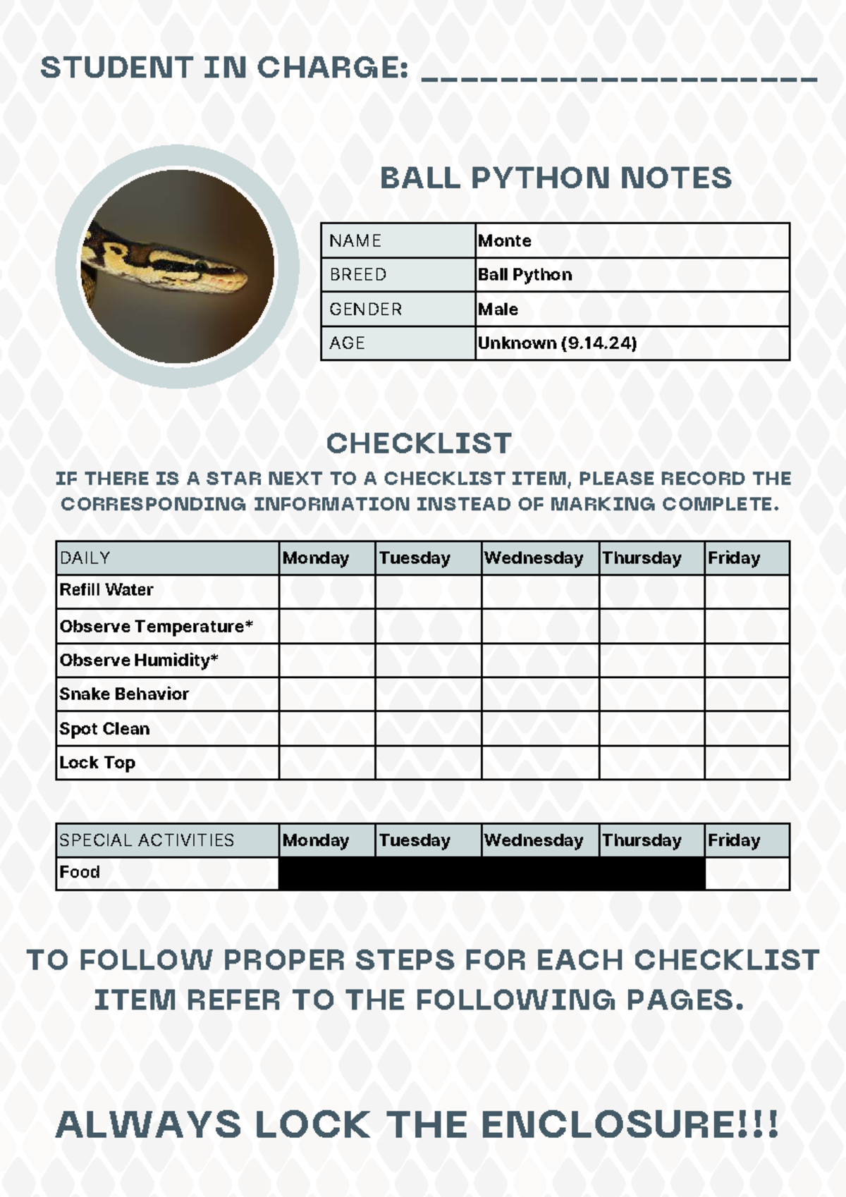 Ball Python Care Checklist and Notes (9.14.24) - Studocu