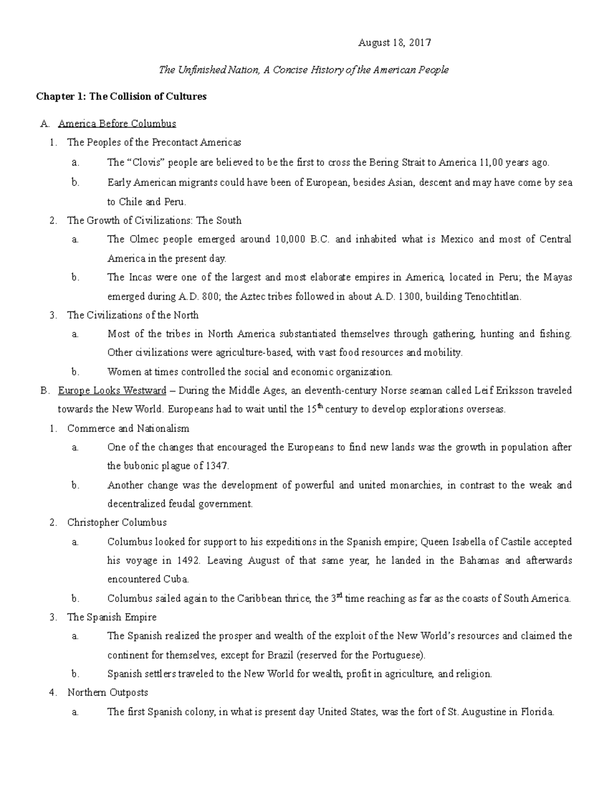Chapter Outlines - History of America (The Unfinished Nation) - Studocu
