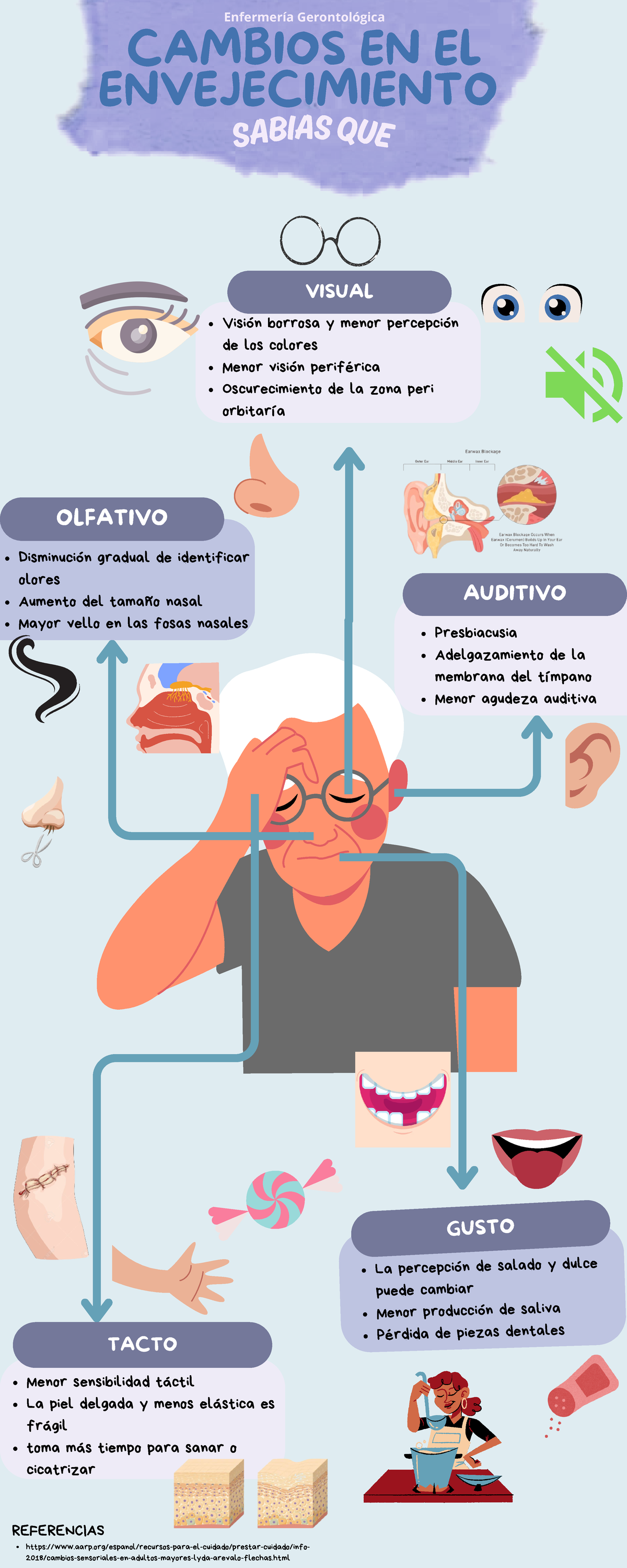 Cambios en el adulto mayor (sentidos) infografía - GUSTO TACTO AUDITIVO ...