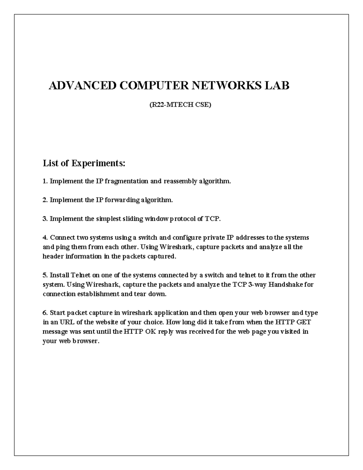 Advanced Computer Networks Lab (CSE) - Experiment Manual - Studocu