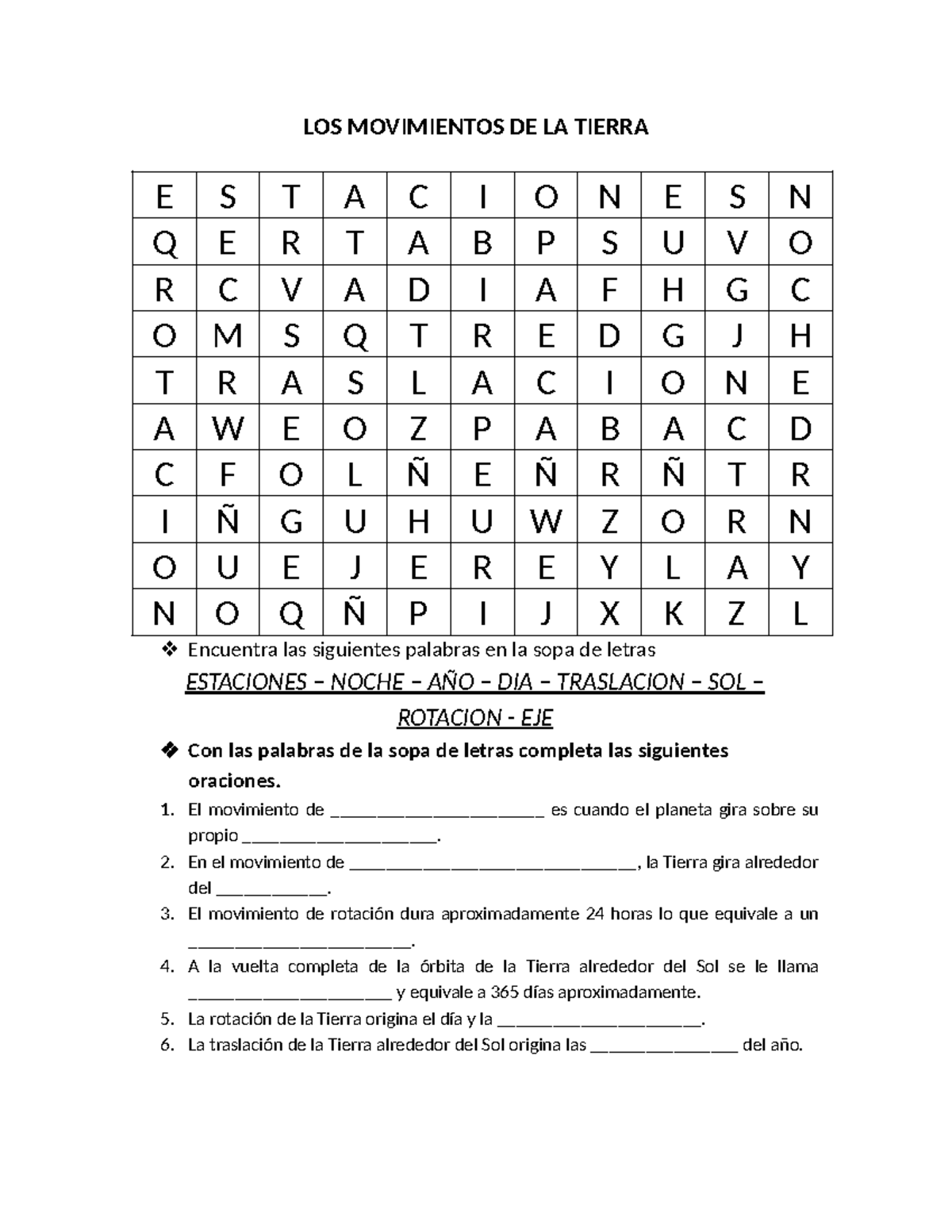 LOS MOVIMIENTOS DE LA TIERRA: Sopa de Letras y Ejercicios E S T Q E R R ...