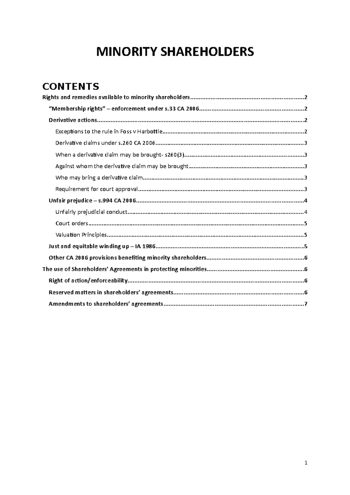 Minority Shareholders Rights and Remedies: An Analysis (LAW 402) - Studocu