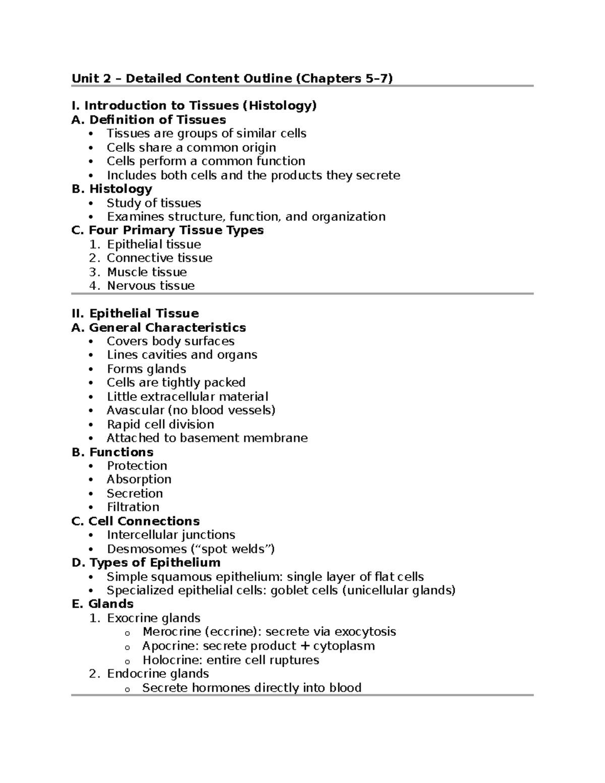 Detailed Unit 2 Outline - APHY I: Tissues and Histology - Studocu