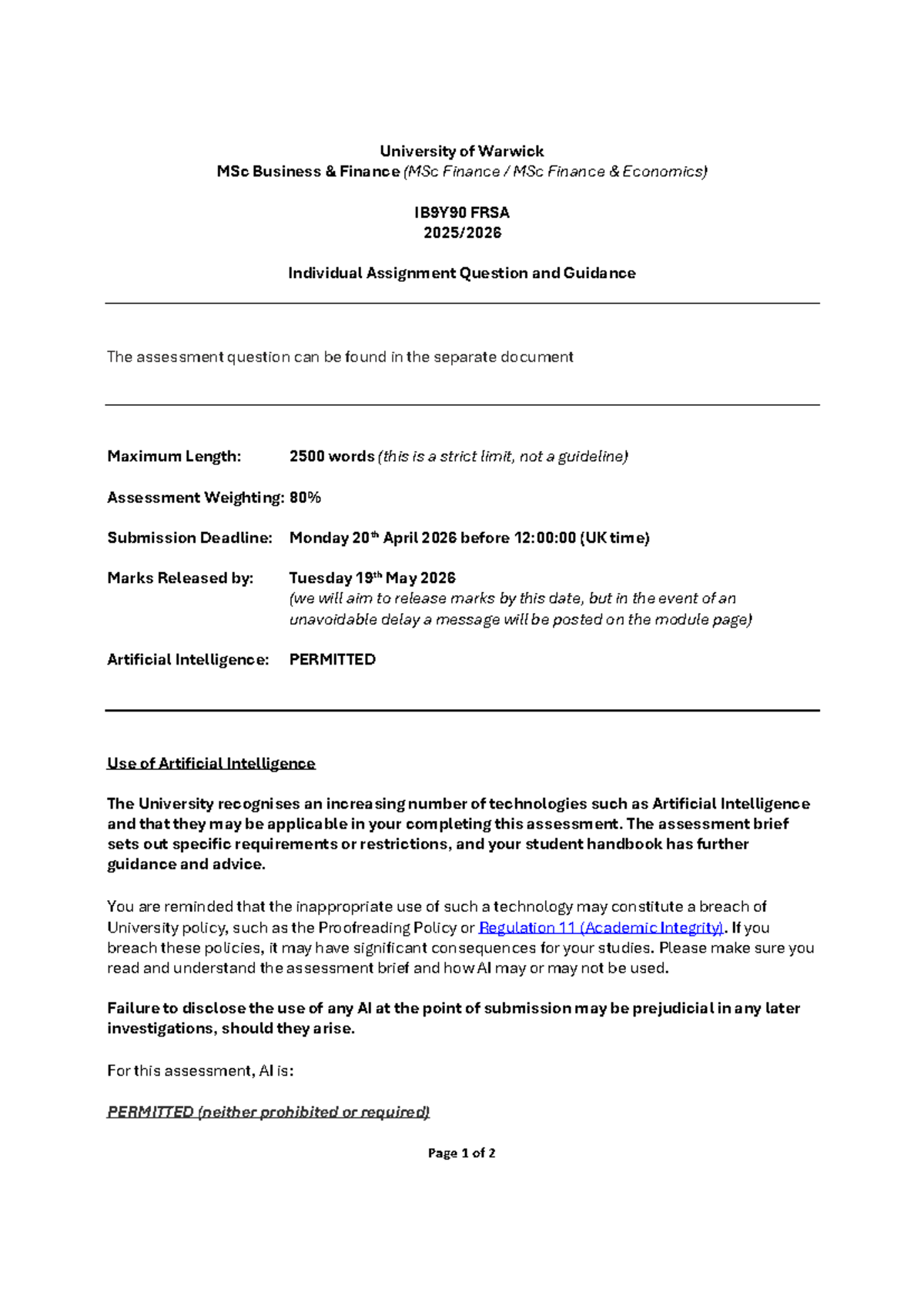 IB9Y90 MSc Finance Individual Assignment Guidance 2026 - Studocu