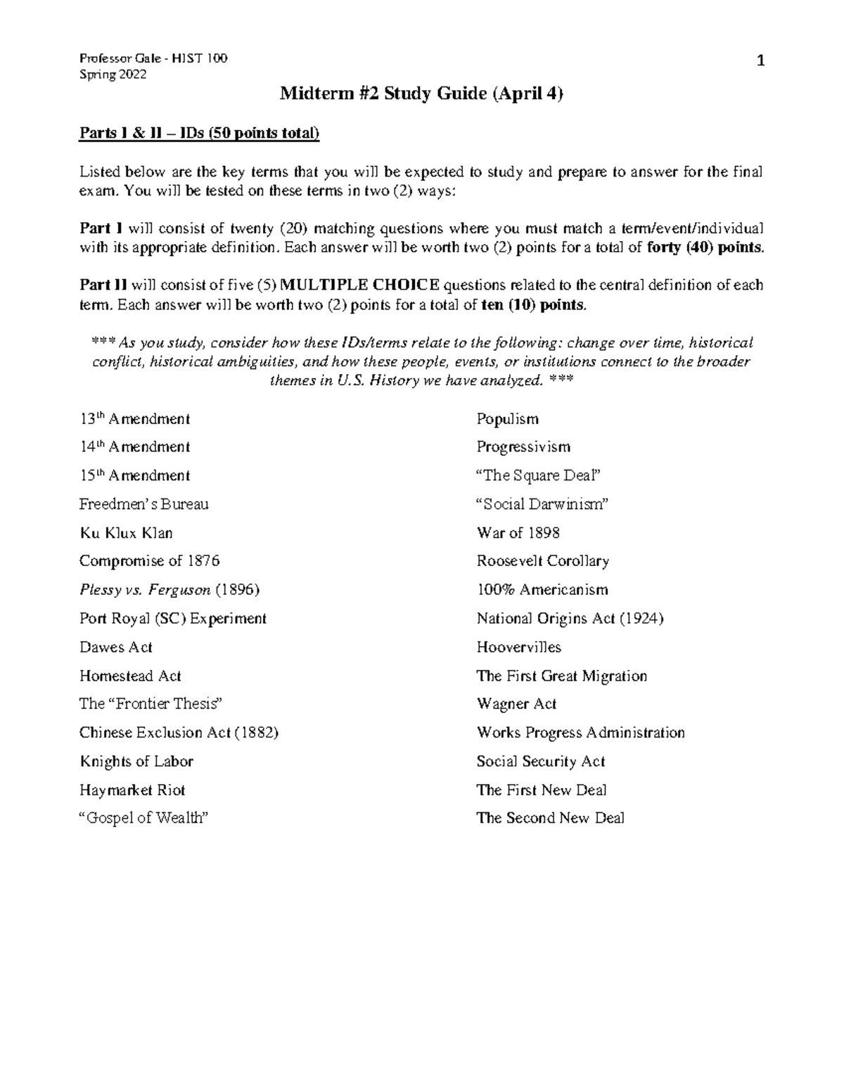 Midterm no. 2 - Study Guide - Professor Gale - HIST 100 Spring 2022 1 ...