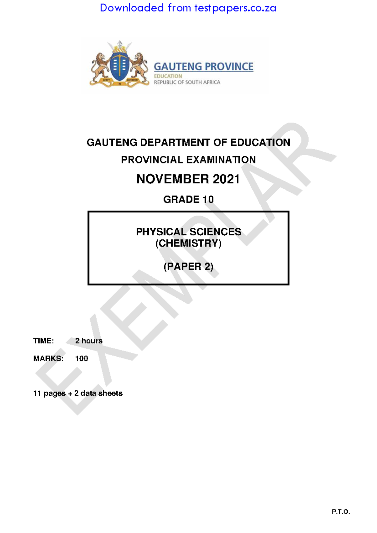 Grade 10 Physical Sciences (Chemistry) November 2021 Paper 2 Past Exam ...