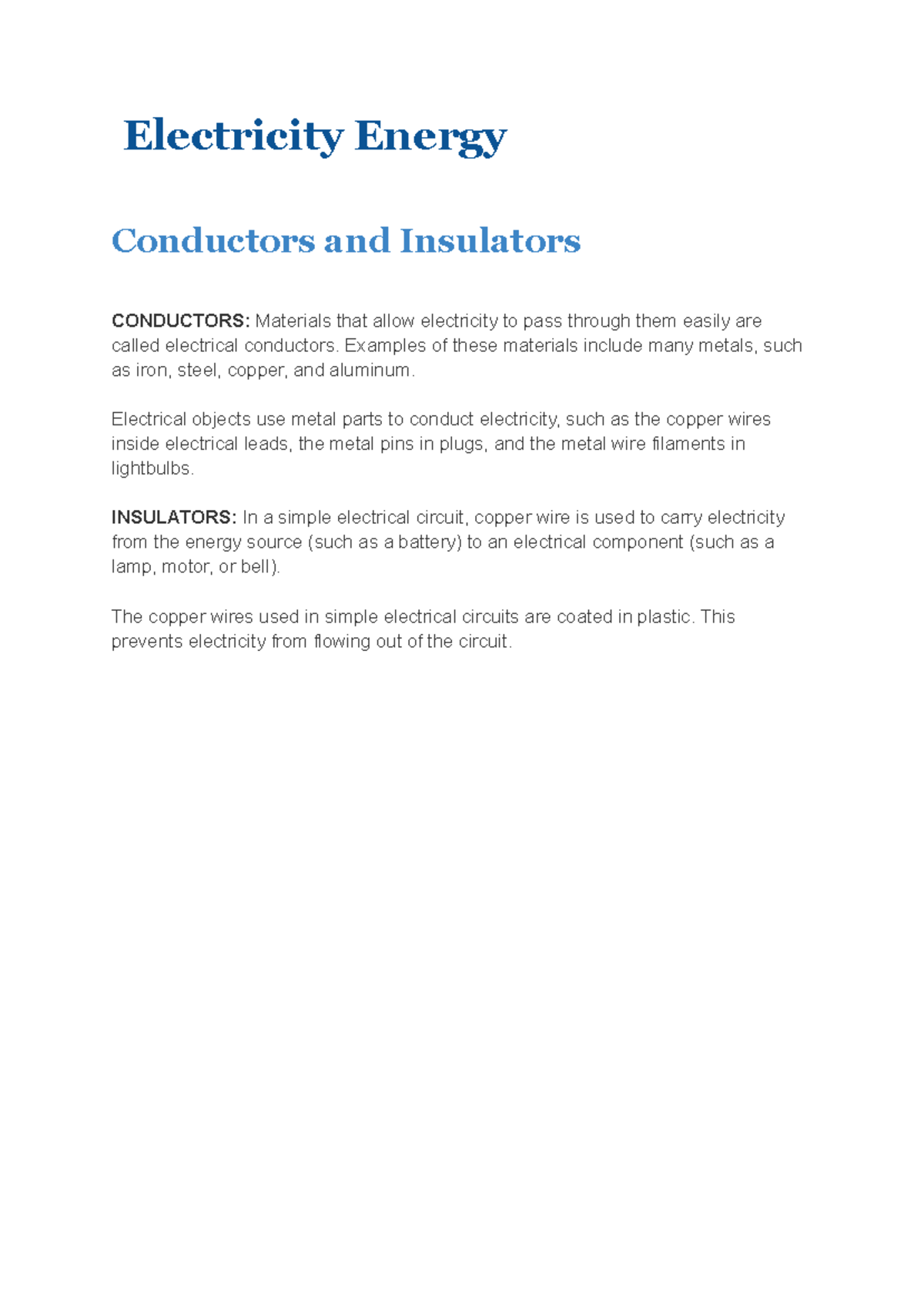 Electricity Conductors & Insulators: Exam Practice Questions - Studocu