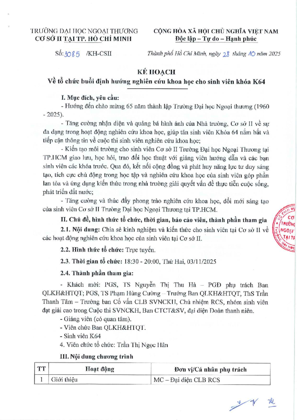 Kế Hoạch Tổ Chức Buổi Định Hướng NCKH Cho Sinh Viên K64 - CSII.3085 ...