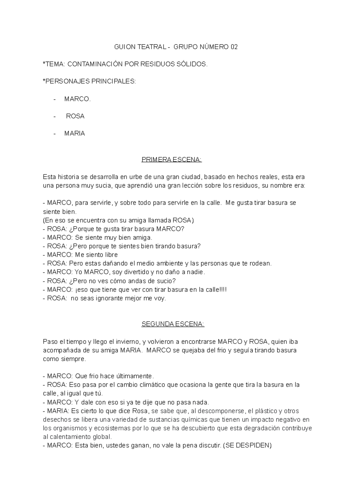 Guion Teatral: Contaminación por Residuos Sólidos - Grupo 02 - Studocu