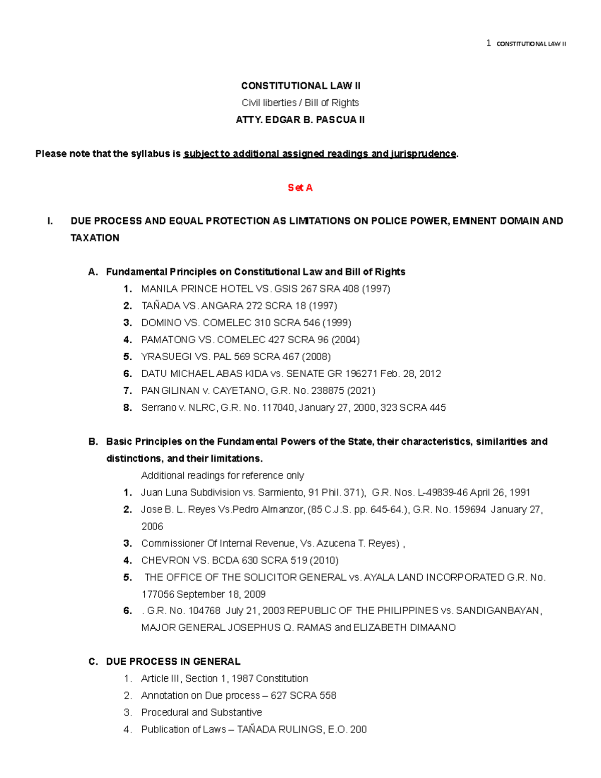 Consti II SET A - Things to study - CONSTITUTIONAL LAW II Civil ...