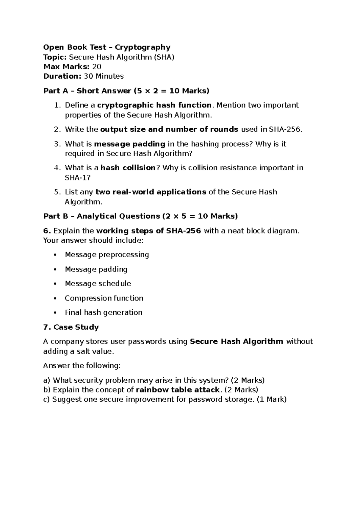 SHA-Open Book Test: Secure Hash Algorithm for Year 3 Network Security ...