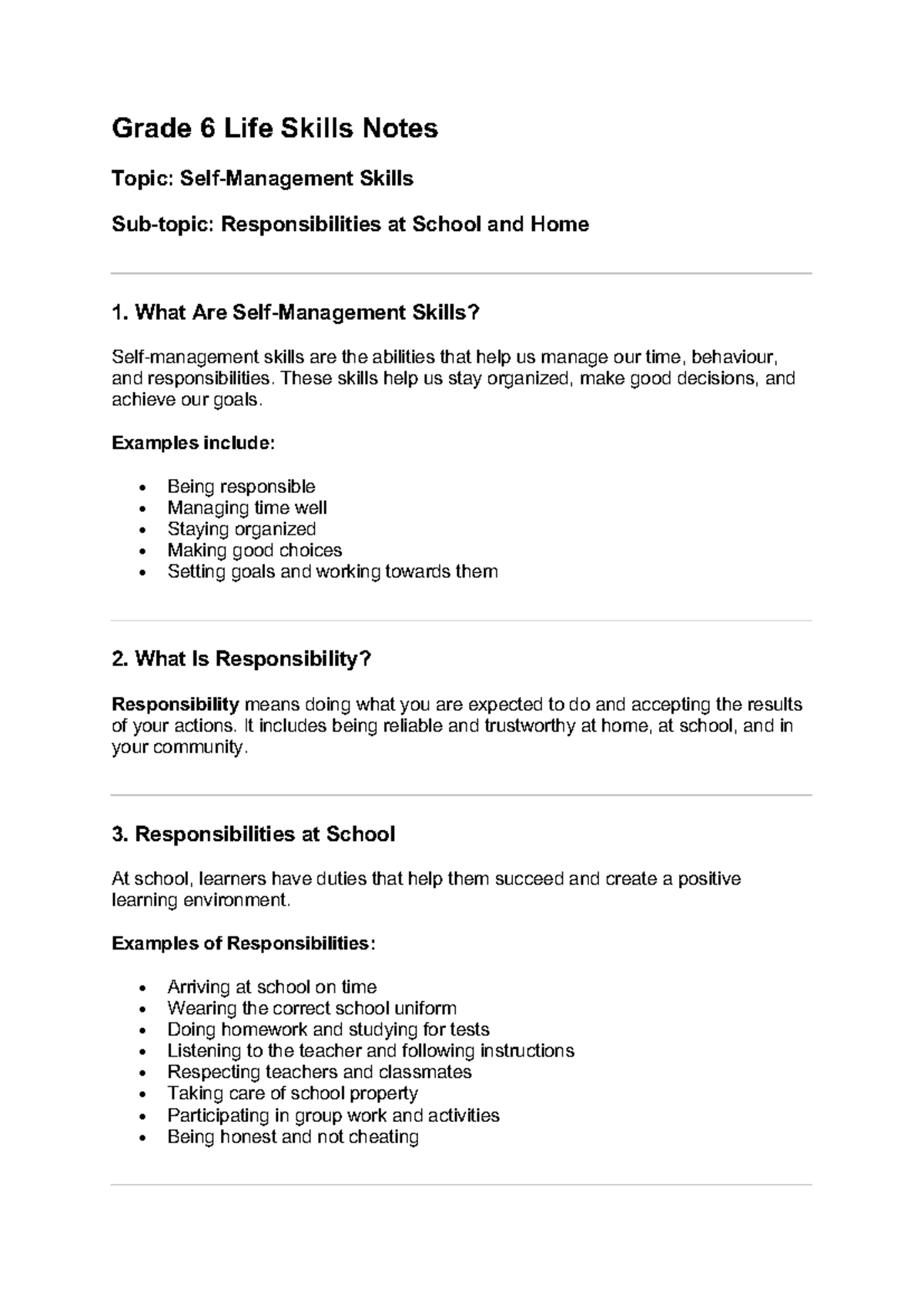 Grade 6 life skills notes: Skills and responsibilities at school and ...