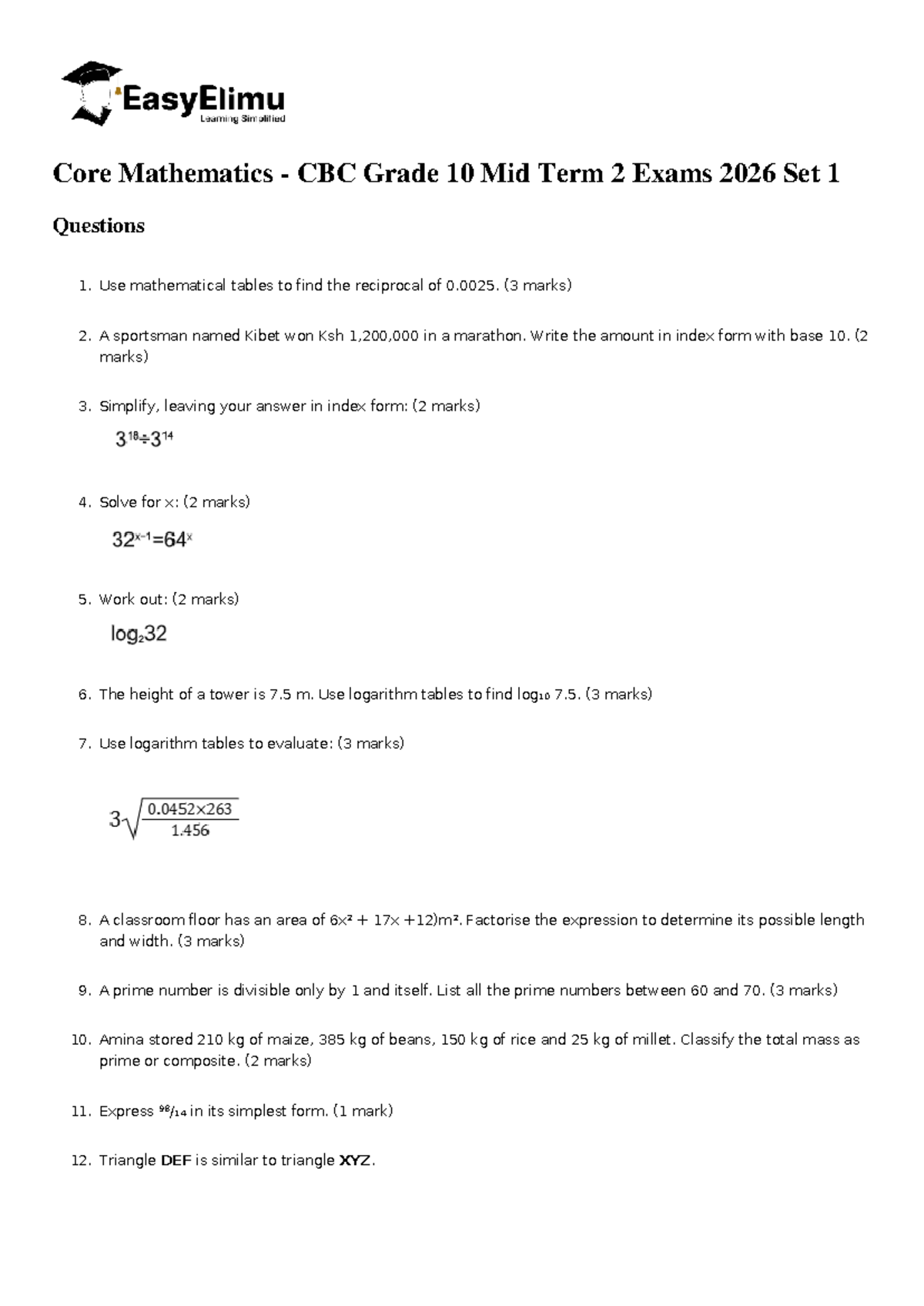 Core Mathematics CBC Grade 10 Mid Term 2 Exam 2026 Set 1 Questions ...