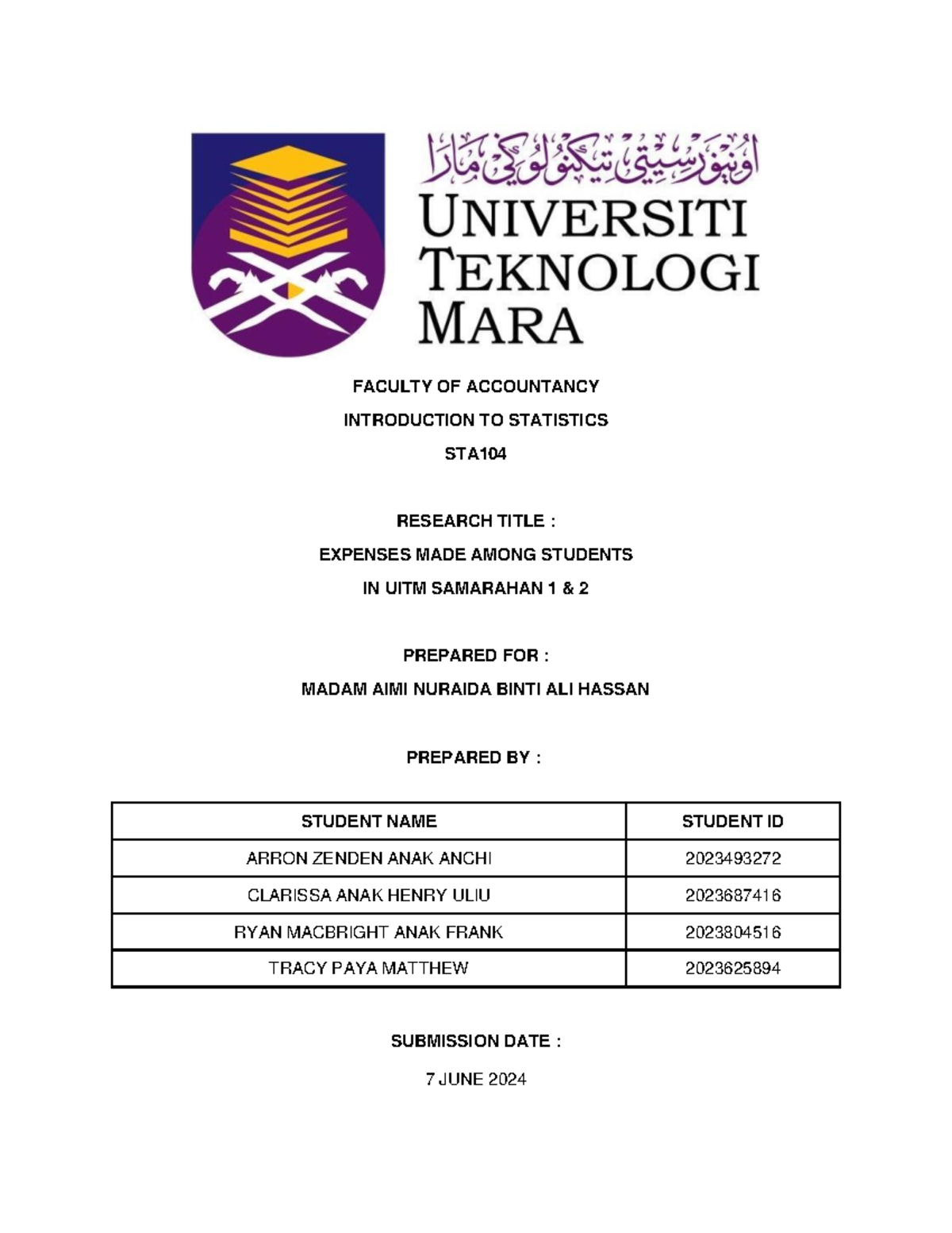 AC110 2B STA104 Group Project: Student Expenses at UiTM Samarahan - Studocu