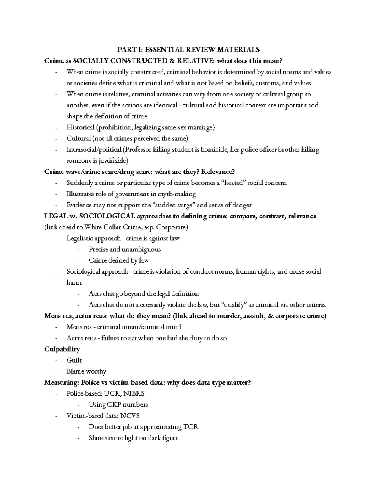 SOC368 Final - criminology notes - PART I: ESSENTIAL REVIEW MATERIALS ...