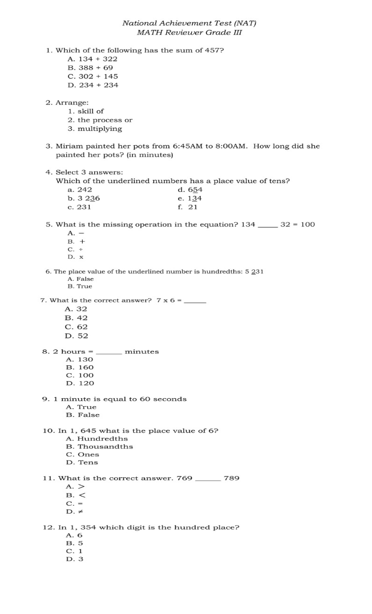 NAT MATH Reviewer for Grade 1: Numeracy Practice Questions - Studocu