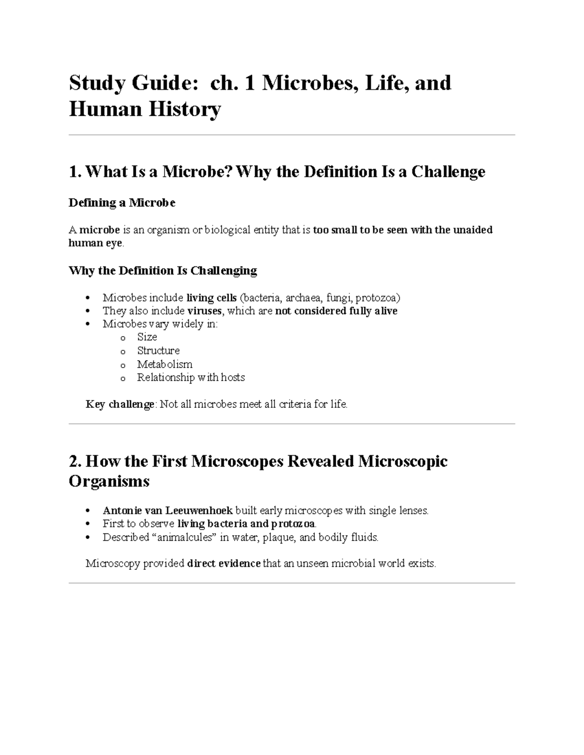 Study Guide: Ch. 1 Microbes, Life & Human History (BIO101) - Studocu