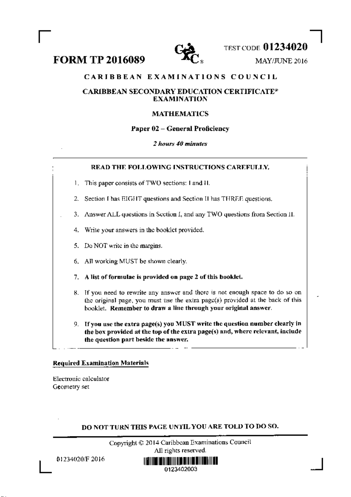 CSEC Math June 2016 Past Paper - General Proficiency P2 - Studocu