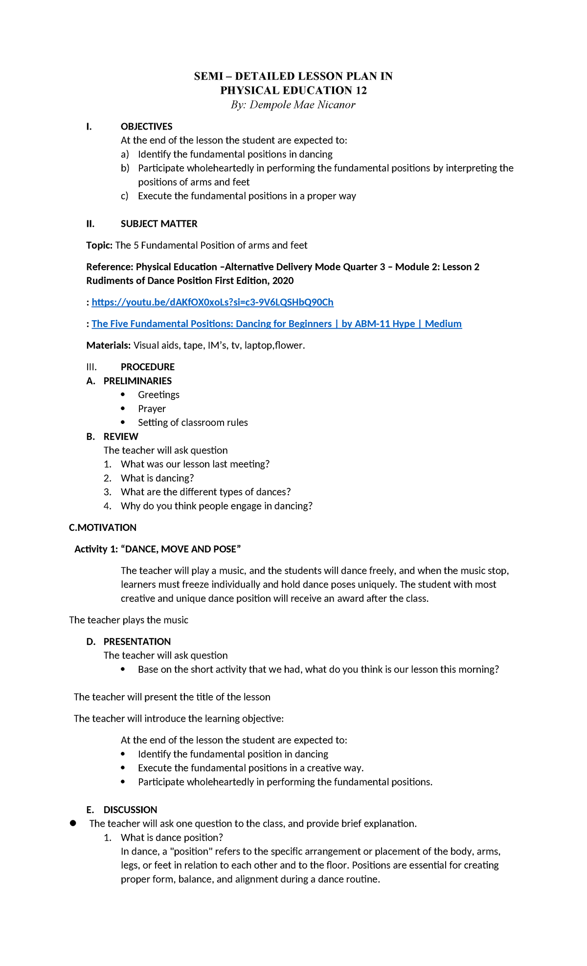 SEMI-DETAILED LESSON PLAN IN PE 12: Fundamental Positions in Dance ...