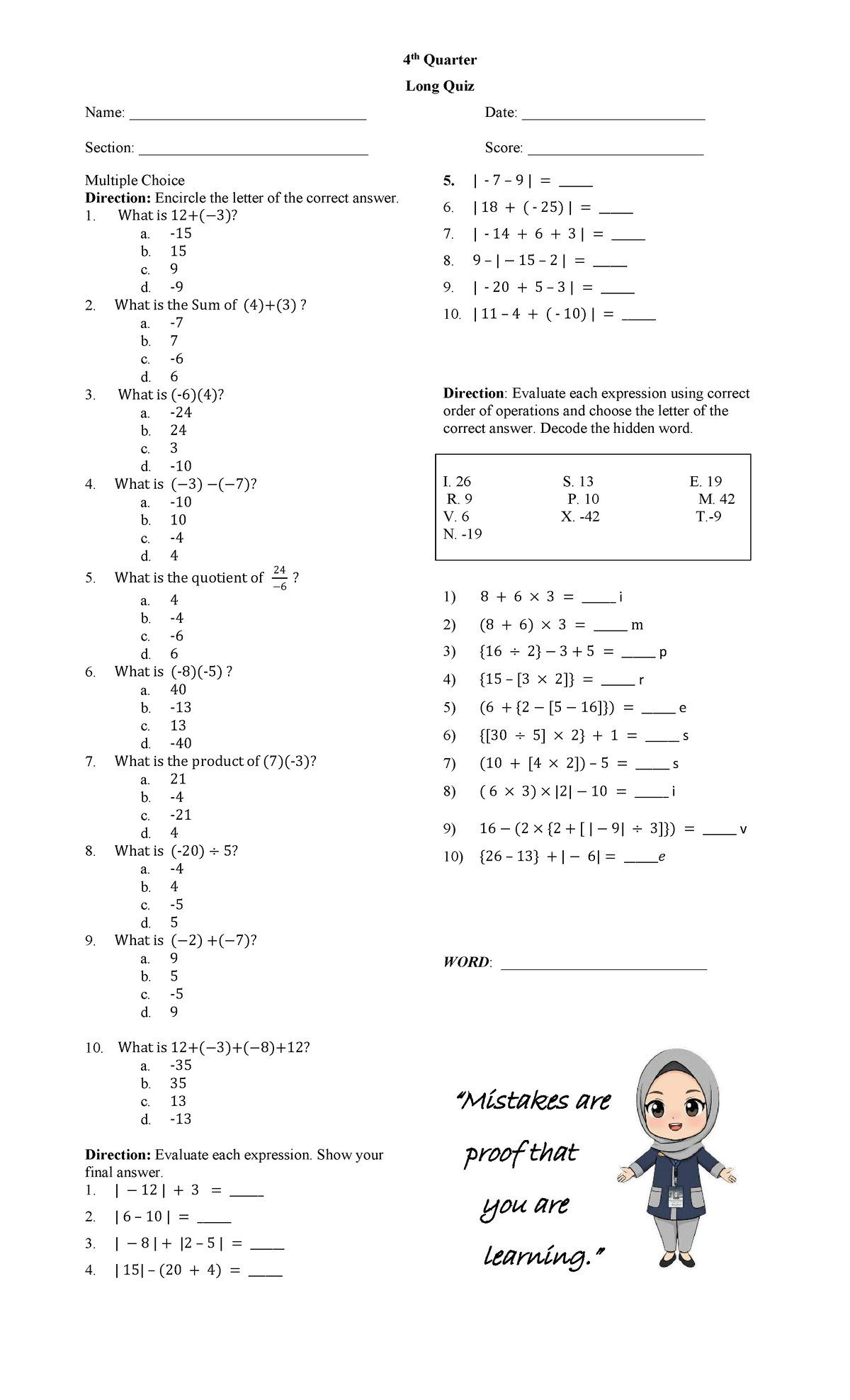 4th Quarter Long Quiz ST - Math Evaluation and Expressions - Studocu