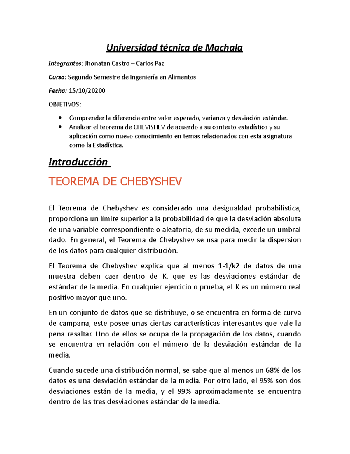 Teorema de Chebyshev: Análisis y Aplicaciones en Estadística - Studocu