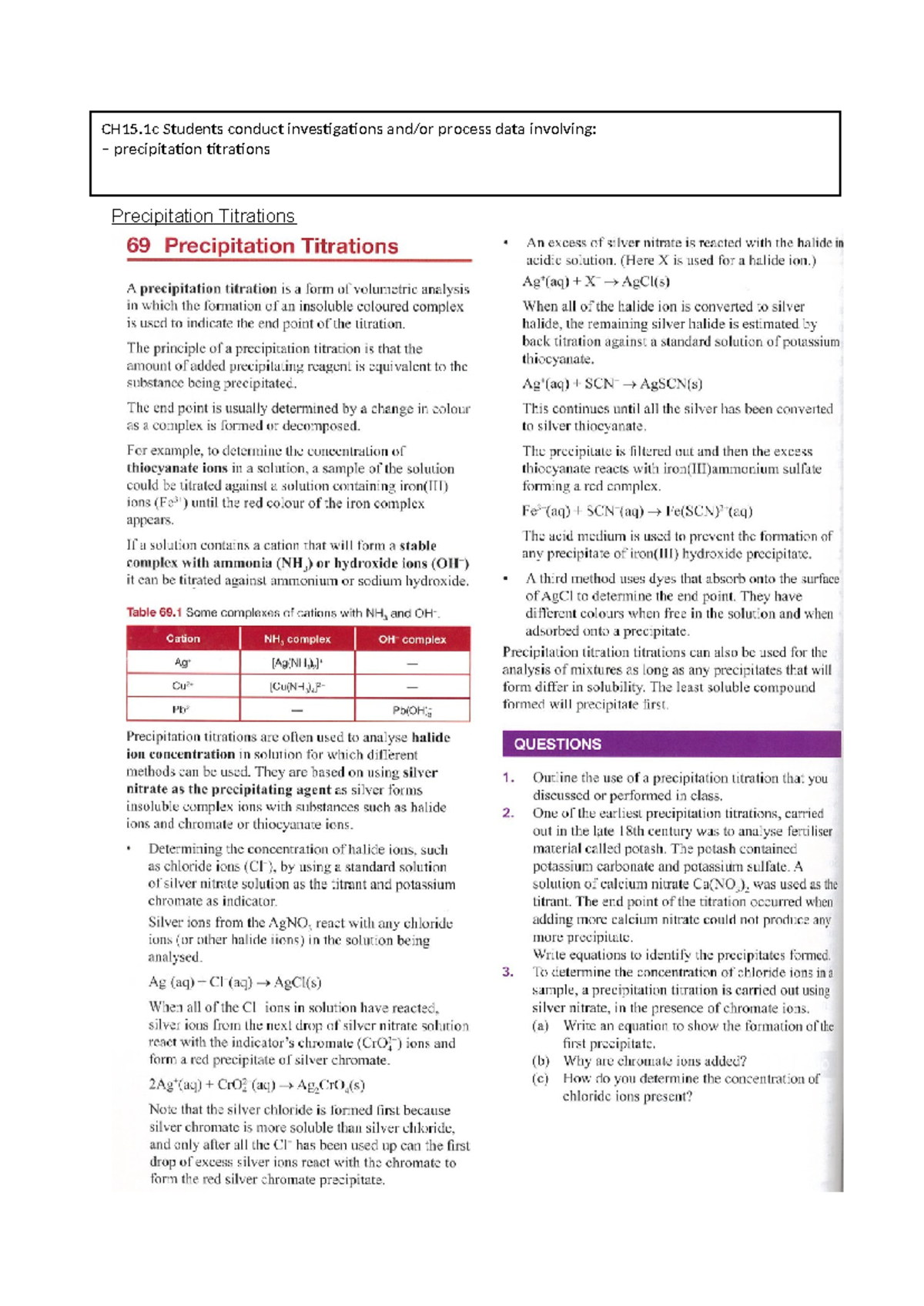 Worksheet - Precipitation Titrations (CH15.1c) - Studocu