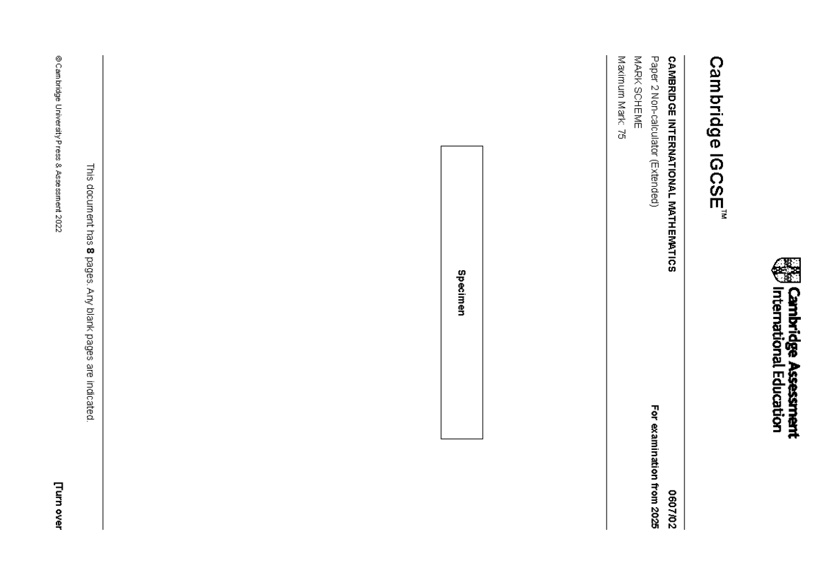 IGCSE 0607 Cambridge Mathematics Specimen Paper 2 Mark Scheme 2025 ...