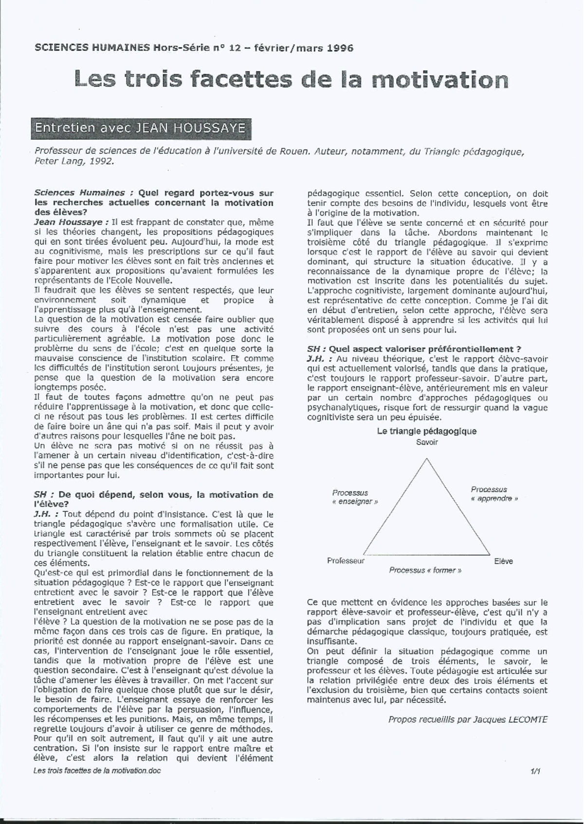 Les trois facettes de la motivation - SCIENCES HUMAINES 12 1996 - Studocu
