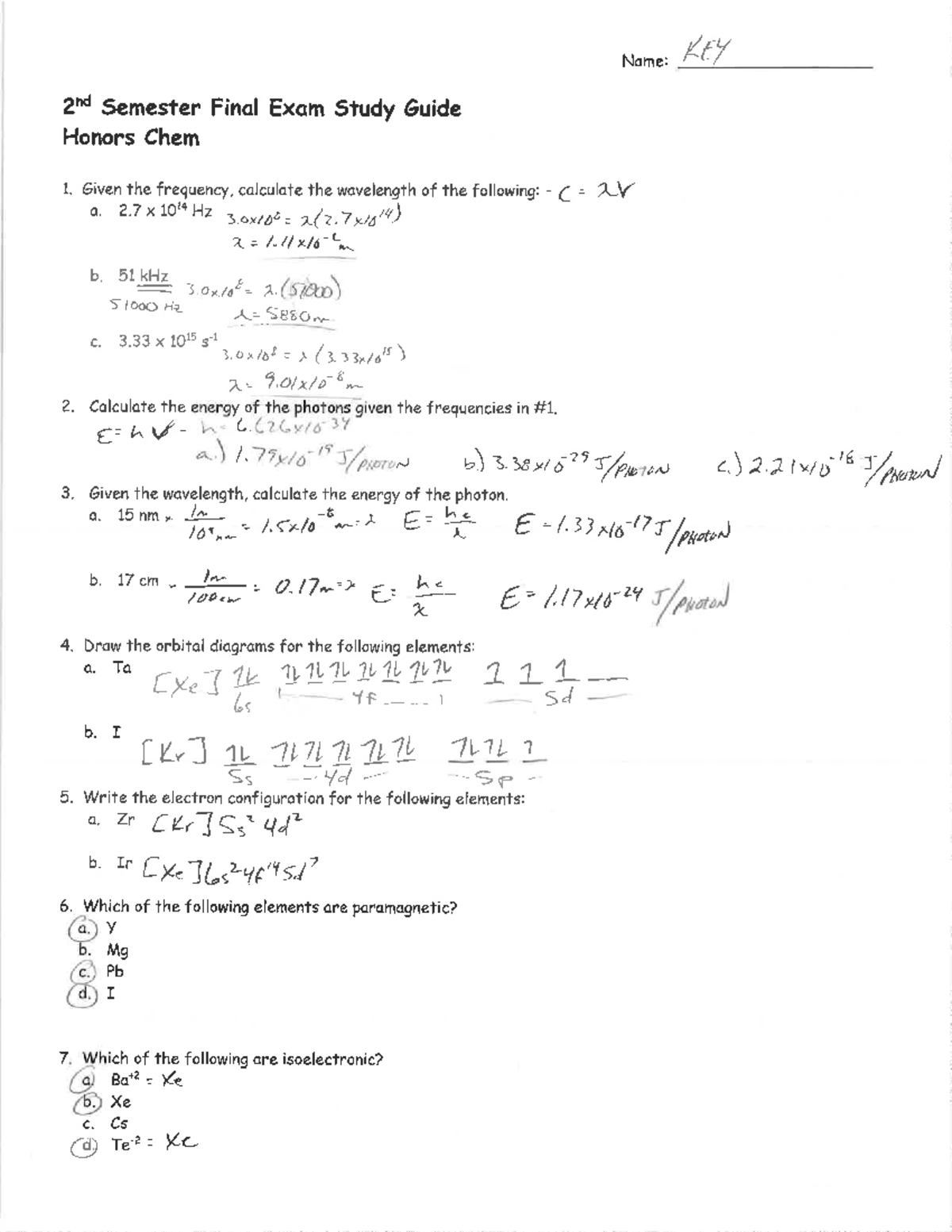 KEY 2ⁿᵈ Semester Final Exam Study Guide for Honors Chem 1 - Studocu