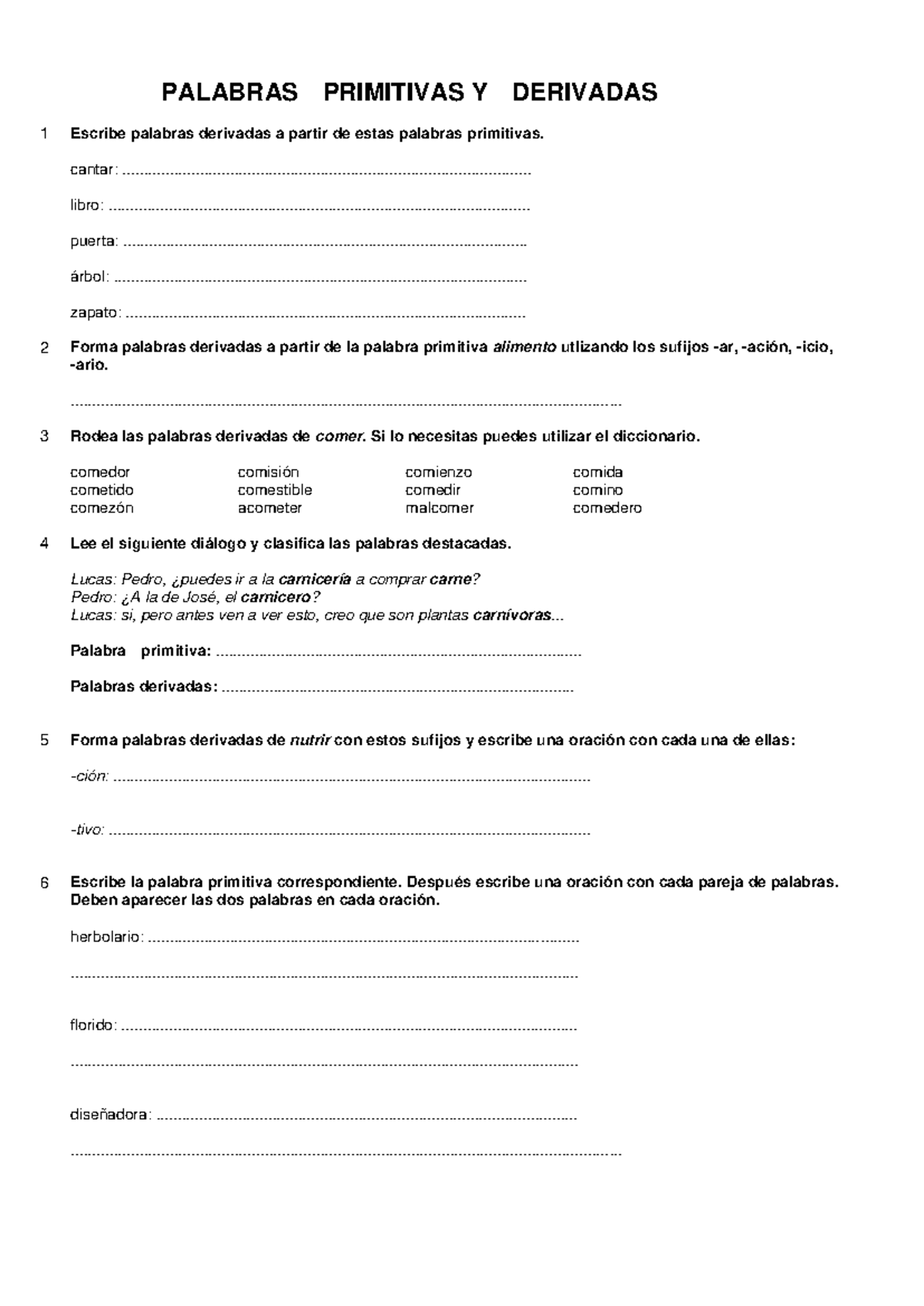 Ejercicios Palabras Primitivas Y Derivadas 50+ Palabras Hojas De