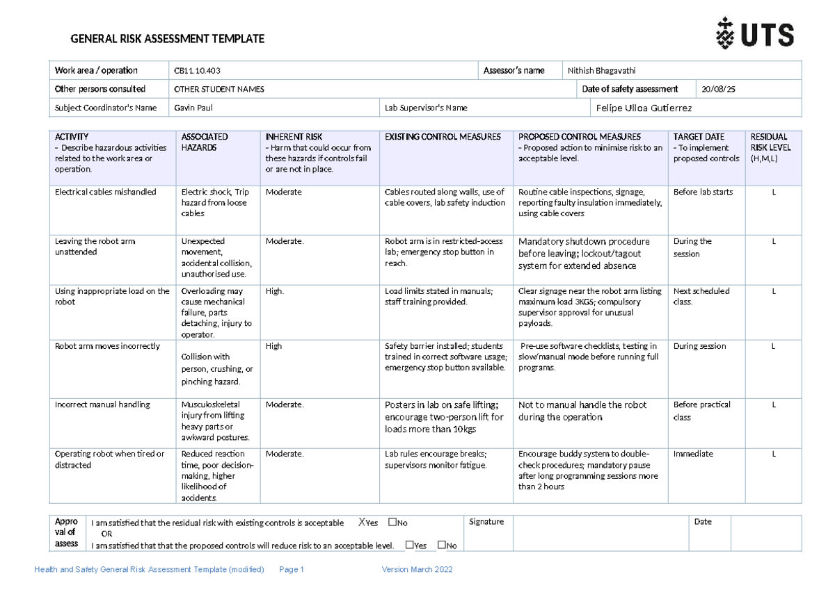 Industrial Robotics General Risk Assessment Template CB11.10.403 - Studocu
