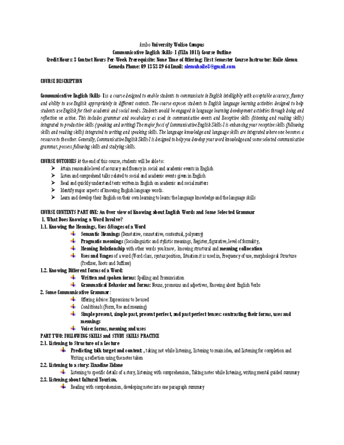 Communicative English I (FLEn 1011) Course Outline for 2025 Semester ...