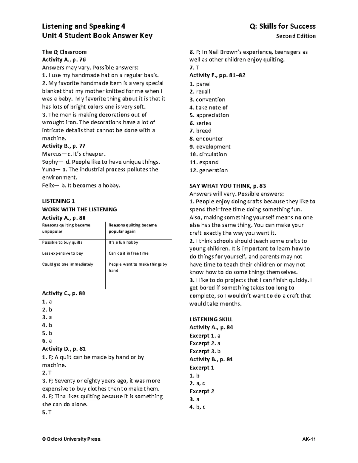 Q: Skills for Success Listening and Speaking 4 Answer Key Unit 1 ...