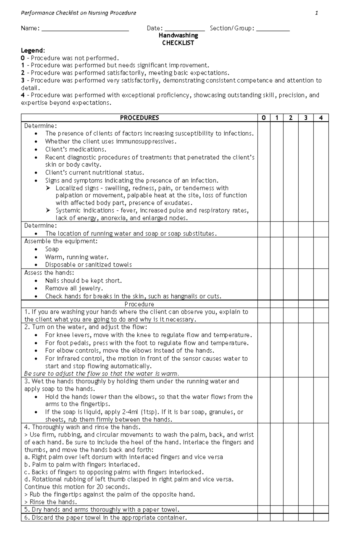 Performance Checklist for Nursing Procedures (NUR 101) - Studocu